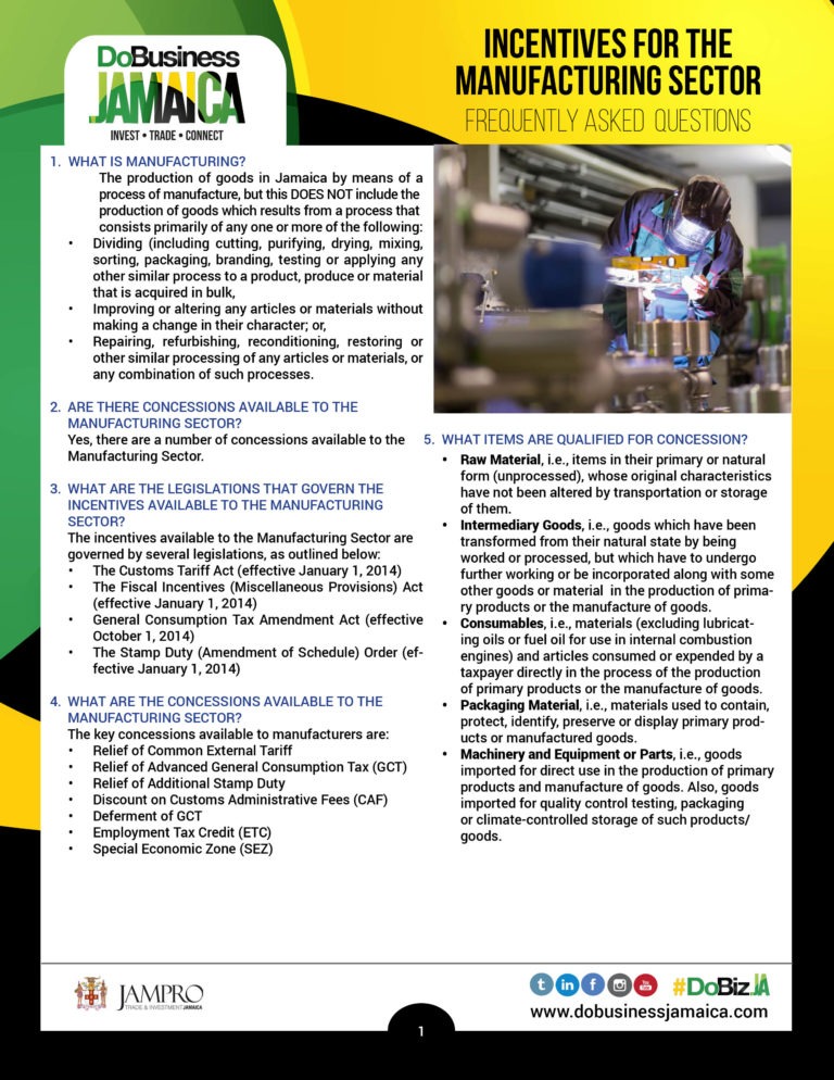 Incentives for the Manufacturing Sector - Do Business Jamaica